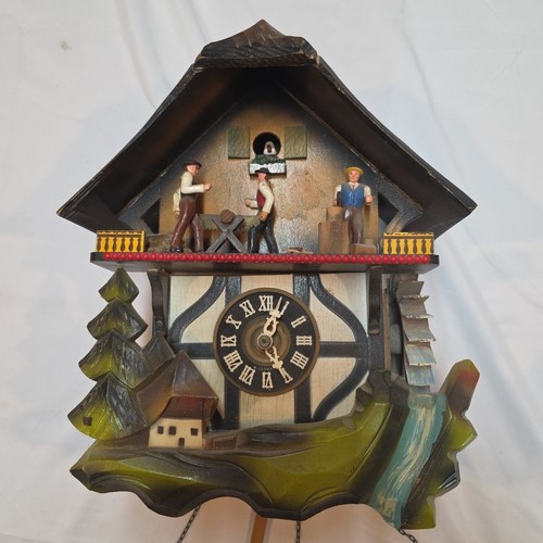 OLD German E. Schmeckenbecher Black Forest Cuckoo Clock Musical Sawmill ...