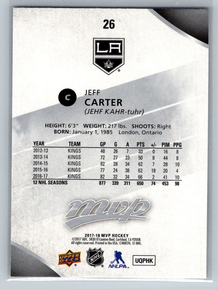 2017 Upper Deck MVP #26 Jeff Carter Silver Script | eBay