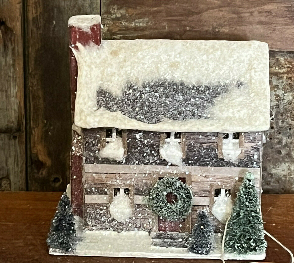 Primitive Farm Christmas Light Up Snowy Log Cabin Salt Box House Putz 6 ...