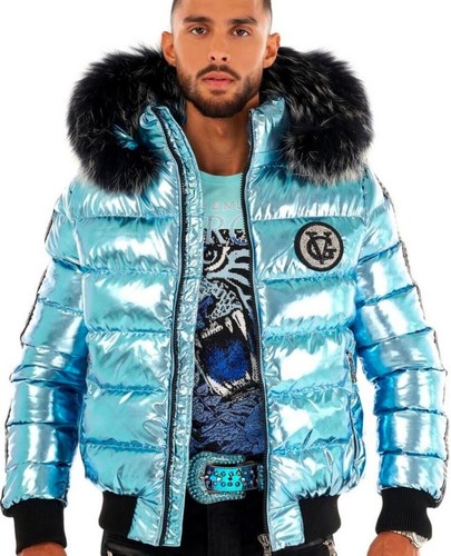 Men's Avenue George V Paris puffer Warm Jacket Aqua Blue Rhinestone Fur ...