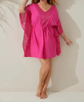 Ladies size 1X Sara fuchsia pink tassel Lace trim Kaftan Over Bathers ...
