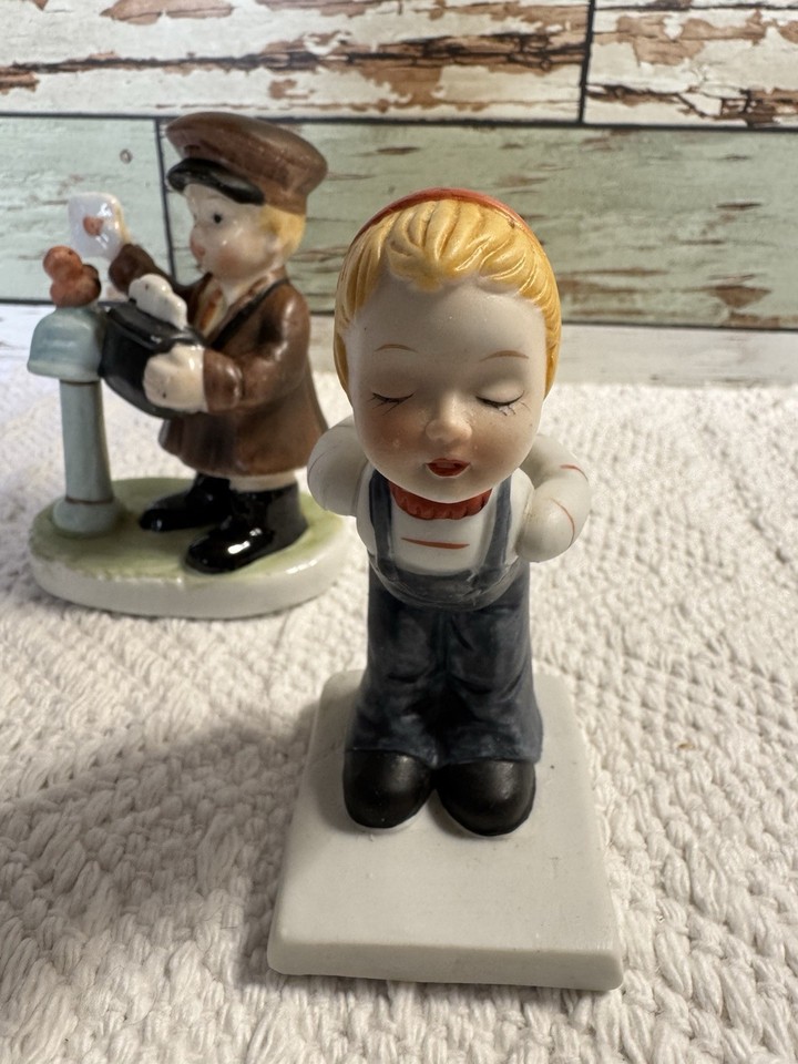 2 Vtg Ceramic Porcelain Figures Kissing Boy & Little Boy Mail Delivery ...