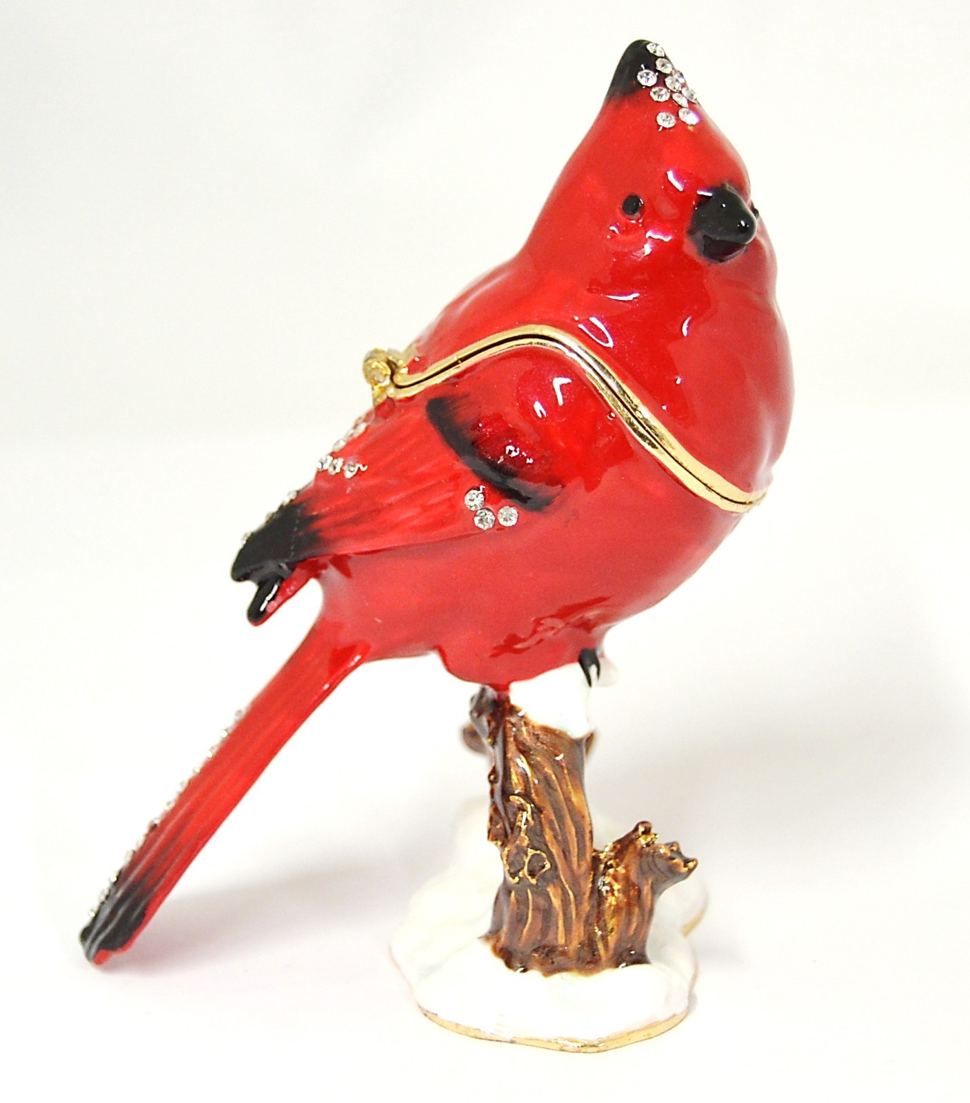 CARDINAL ON BRANCH TRINKET BOX. HAND PAINTED ENAMEL WITH SWAROVSKI ...