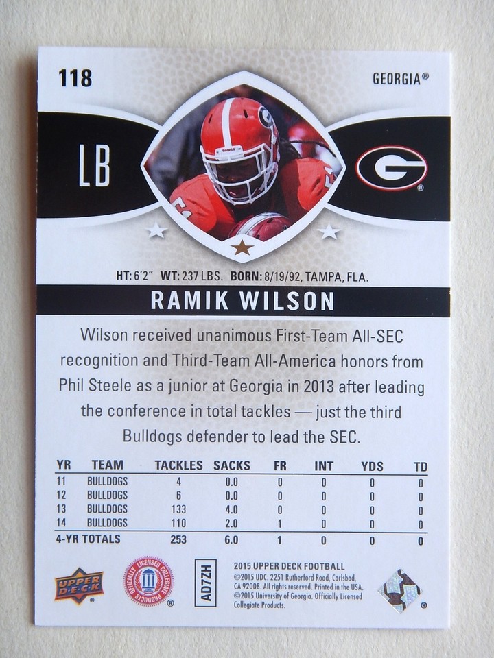 Ramik Wilson #118 Upper Deck 2015 Football Card (Georgia) LN | eBay