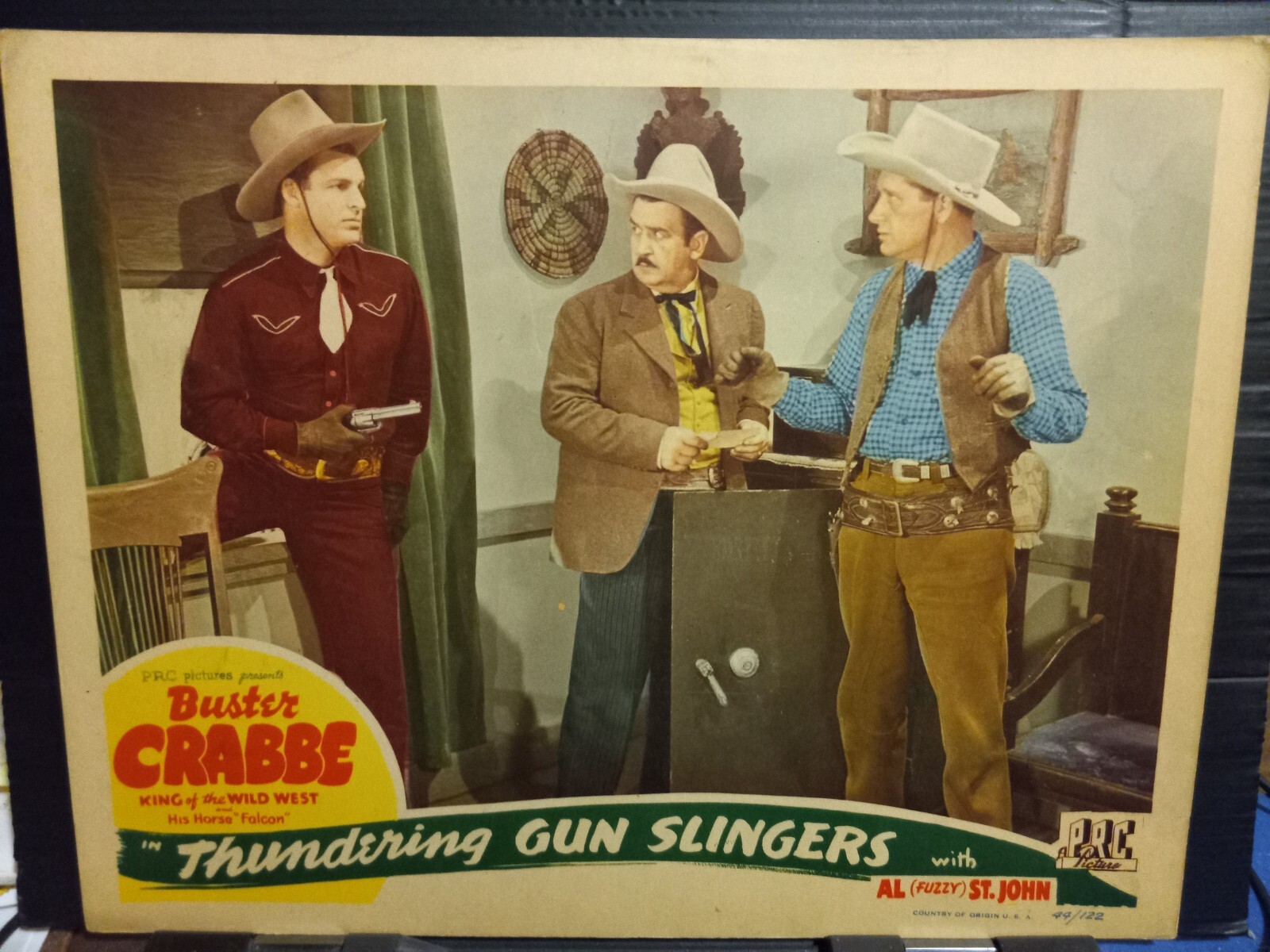 Lobby Card 1944 THUNDERING GUN SLINGERS Buster Crabbe stops safe ...