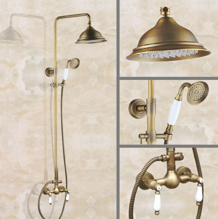 Retro Antique Brass Wall Mount Bathroom Rain Shower Faucet Set Mixer ...