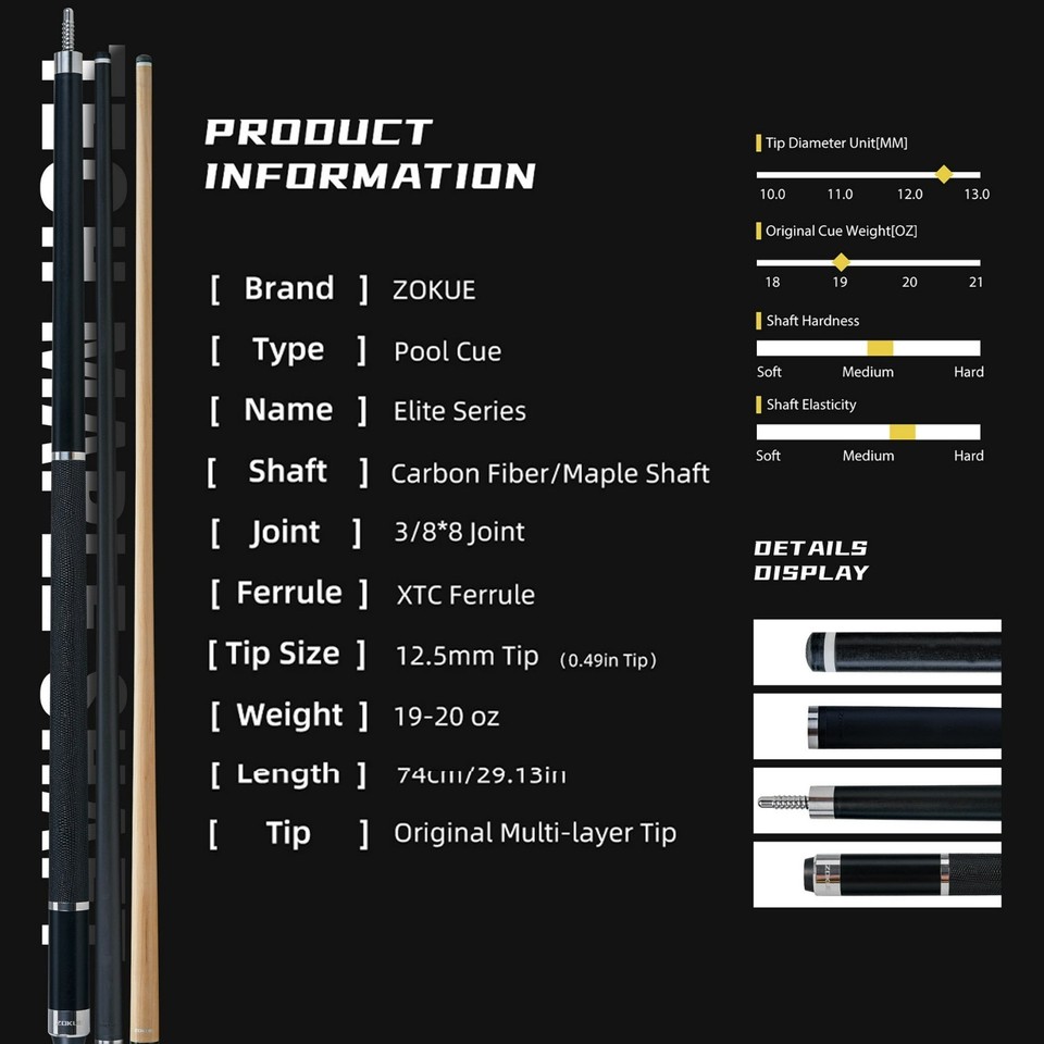 12.4mm ZOKUE Elite WHITE Carbon Fiber Shaft Pool Cue Stick Leather ...