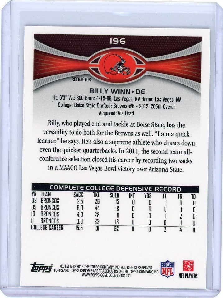 2012 TOPPS CHROME RC BILLY WINN REFRACTOR #196 CLEVELAND BROWNS BOISE ...