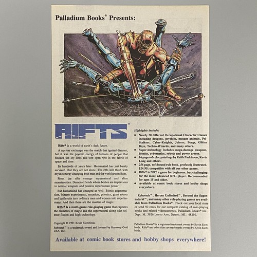 RIFTS ROLE PLAYING GAME RPG PALLADIUM BOOKS 1991 VINTAGE RETRO ADVERT ...