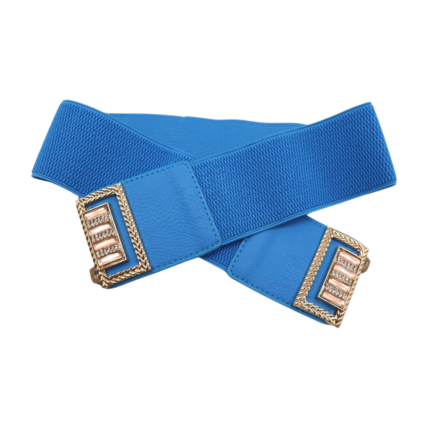 Women Blue Wide Elastic Waistband Fashion Belt Gold Bling Square Buckle ...