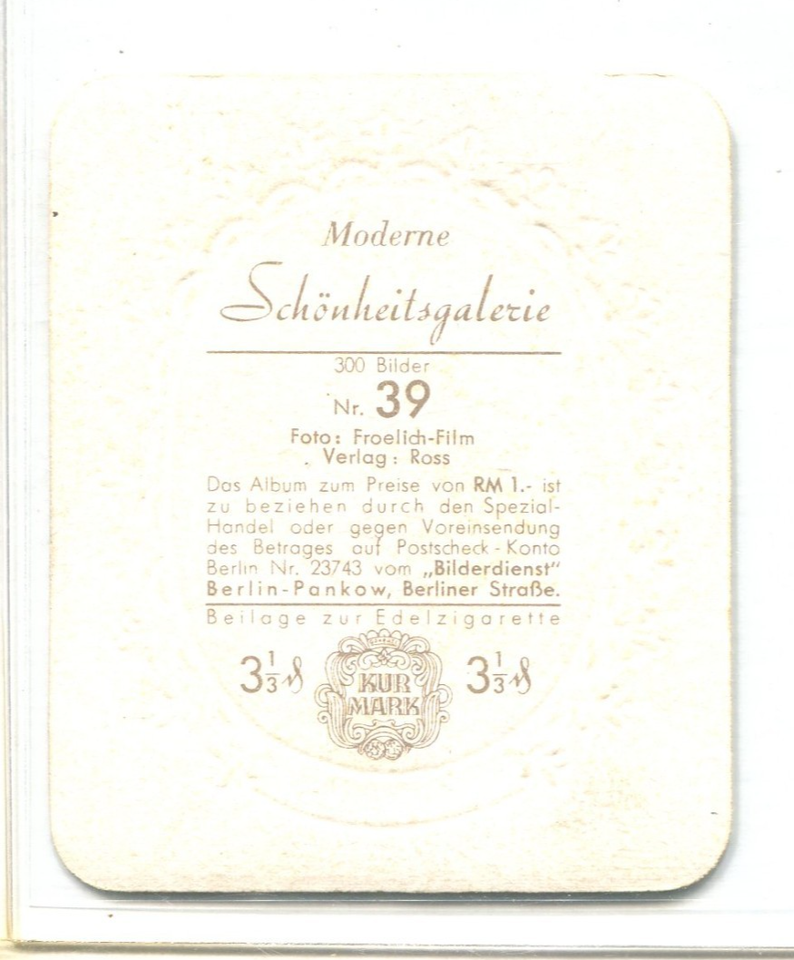 1934 KUR MARK GERMAN TOBACCO CARD MODERNE SCHOHEITSGALERIE #39 MARIANNE ...