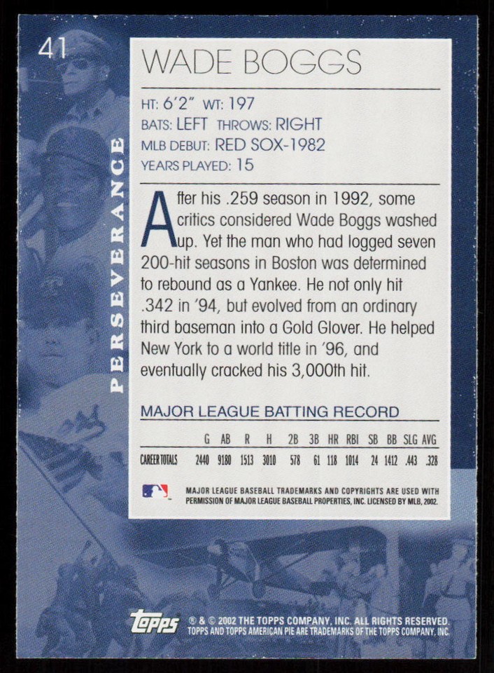 2002 TOPPS AMERICAN PIE Wade Boggs #41 BASEBALL New York Yankees | eBay