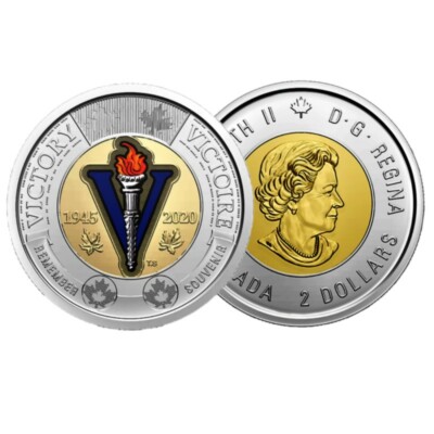 🇨🇦 Canada $2 Dollars Coin, Colored "V" Toonie 75th Victory World War II ...