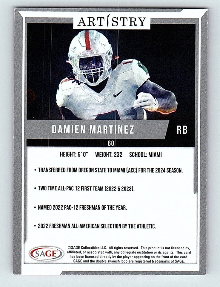 2024 Sage Artistry Red Damien Martinez Miami Hurricanes #60 | eBay