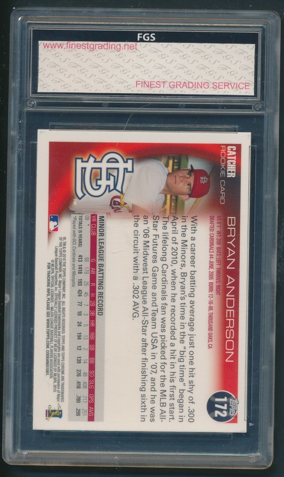 2010 TOPPS CHROME #172 BRYAN ANDERSON ROOKIE FGS 10 GEM MINT GRADED FGS ...
