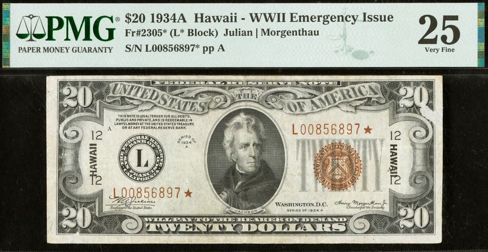 1934A $20 WWII Emergency Issue Star FRN PMG 25 - Hawaii Star Note Fr ...