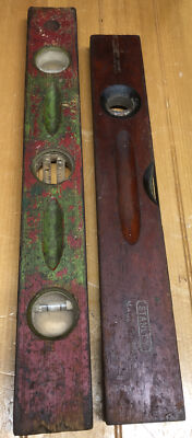 2 Antique Wood Levels 16” Stanley No.104 Cherry & 18” Dunlap Parts Or ...