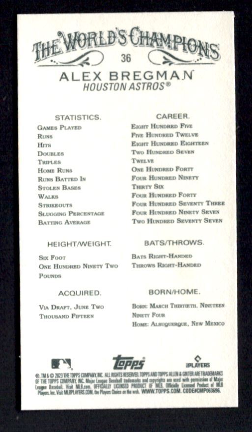 Alex Bregman 2023 Topps Allen & Ginter Brown Border Mini Card #36 ...