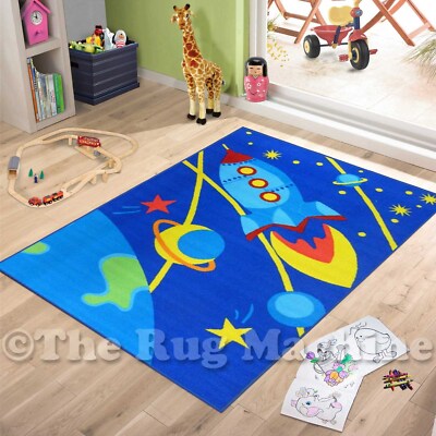 OUTER SPACE ROCKET SHIP KIDS FUN PLAY RUG 100x150cm NON-SLIP & WASHABLE ...