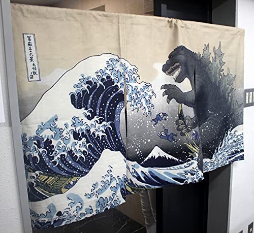 Folcart Godzilla Noren Door Curtain Ukiyo-e Hokusai Mt.Fuji Unbleached ...