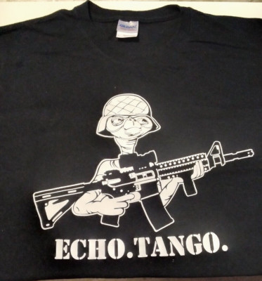 Novelty Custom GraphicT-shirt Echo. Tango. E.T. with Military Rifle ...