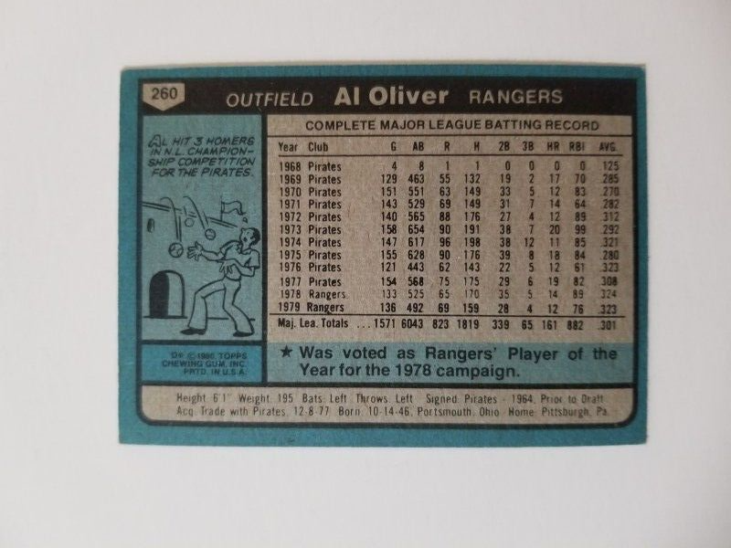 AL OLIVER 1980 TOPPS BASEBALL CARD #260 TEXAS RANGERS | eBay
