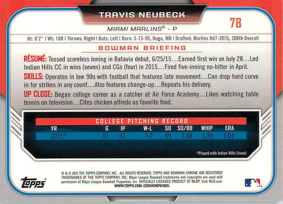 TRAVIS NEUBECK 2015 Bowman Chrome SKY BLUE REFRACTOR RC #78 Marlins | eBay
