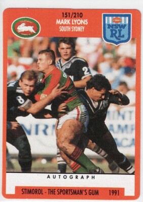 1991 STIMOROL Rugby League 151/210 MARK LYONS - SOUTH SYDNEY RABBITOHS ...
