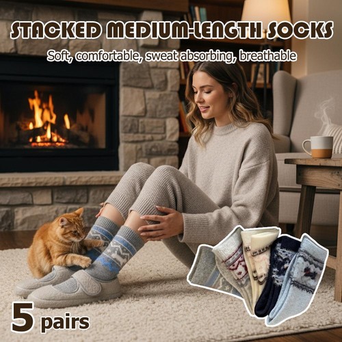 5 Pairs Fair Isle Nordic Pattern Socks Mid Calf Soft Socks Winter Warm ...