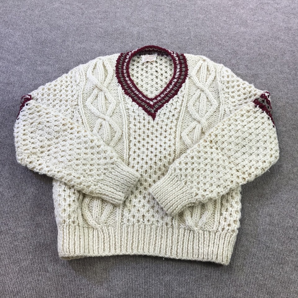 Vintage Thane Sweater Mens Large Cream Maroon Cable Knit Pullover ...