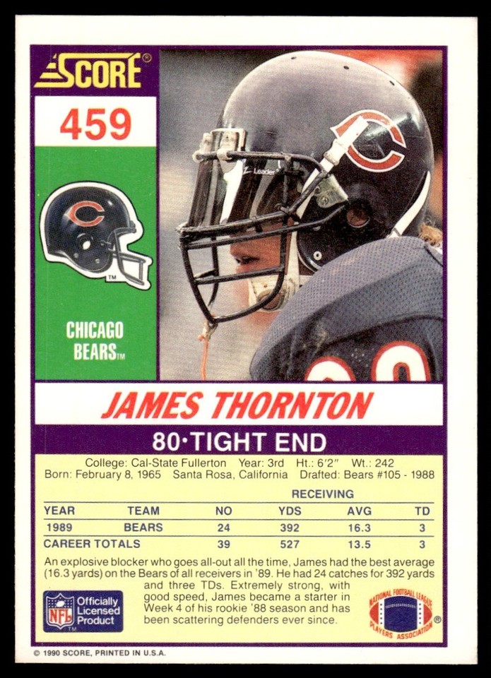 1990 Score James Thornton Chicago Bears #459 | eBay