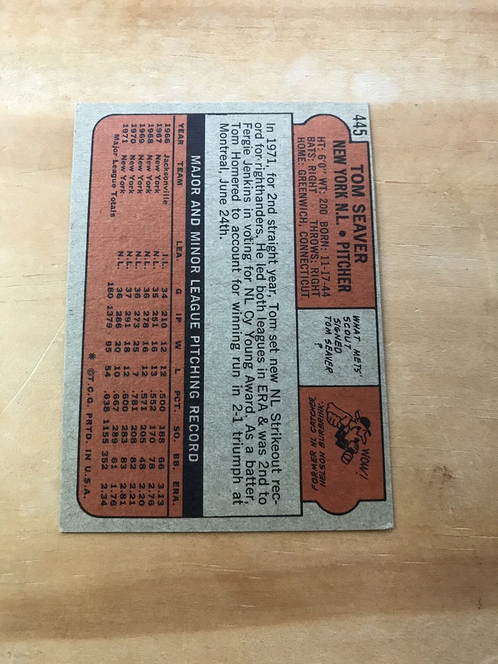1972 TOPPS #445 TOM SEAVER HOF NY METS—POPULAR ISSUE💥*** (tgcs) | eBay