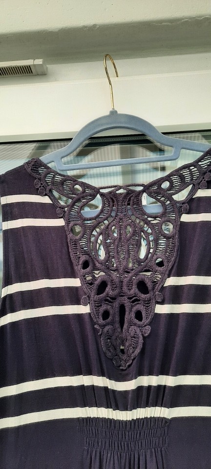 Per Una Navy Blue And White Striped Maxi Dress With Crochet Lace ...