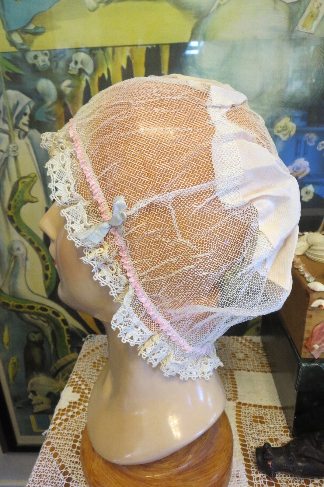 1910s Net Lace & Ribbon Boudoir Bonnet At Home Cap La… - Gem