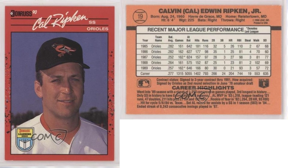 1990 Donruss Learning Series Cal Ripken Jr #19 HOF 09wc | eBay