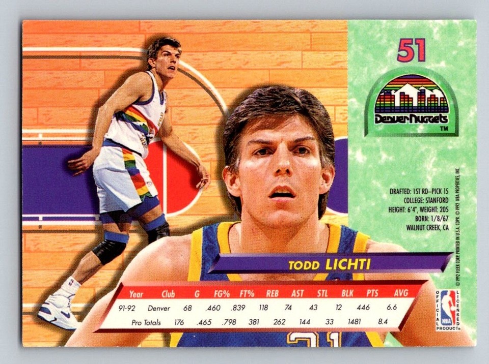 1992-93 Fleer Ultra Todd Lichti #51 Denver Nuggets | eBay