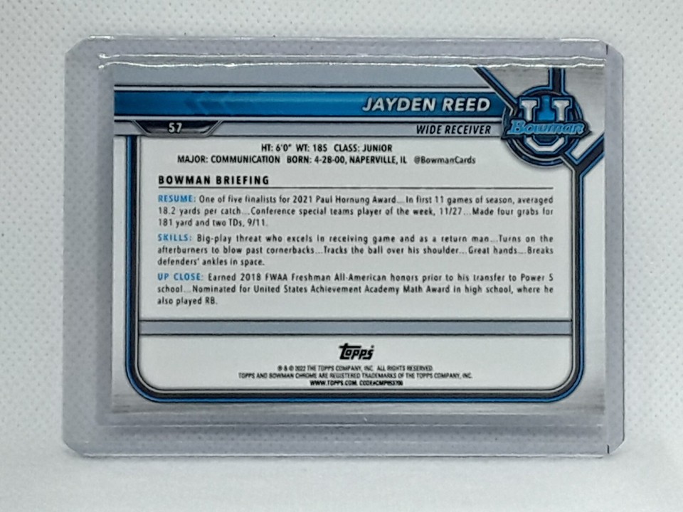 Jayden Reed 2021-22 Bowman University Football - 1st Chrome #57 ...