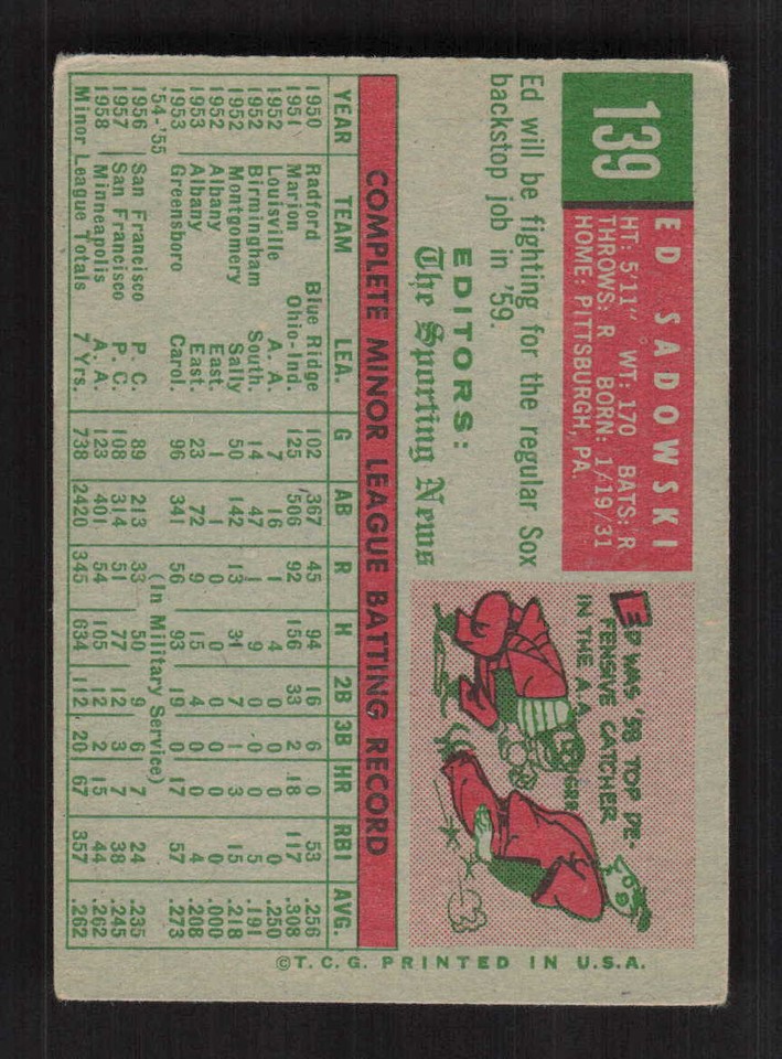 Ed Sadowski RC 1959 Topps Boston Red Sox #139 | eBay