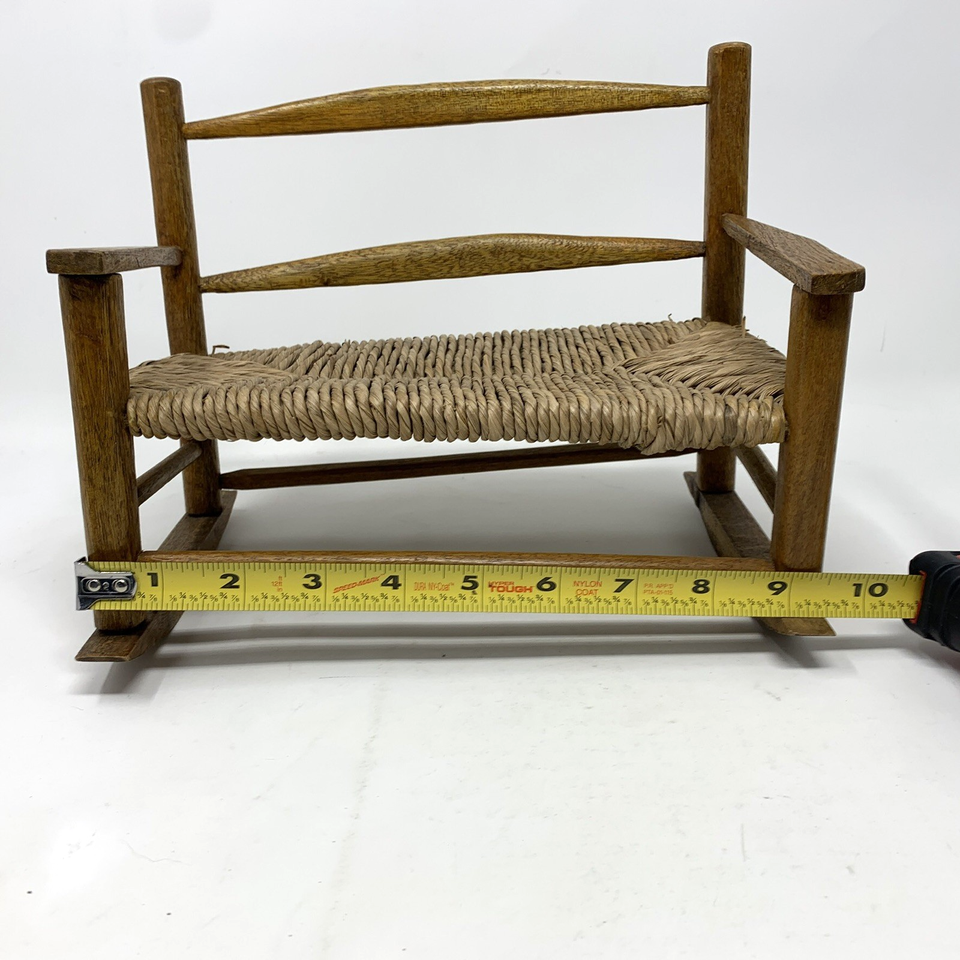 Vintage Wooden Rocking Doll Bench Rush Woven Wicker Seat w/ Pillows ...