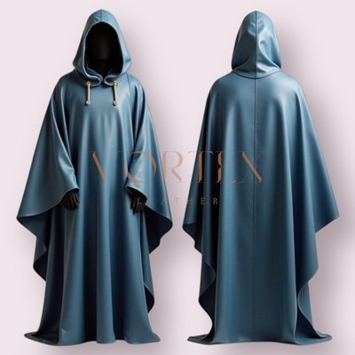 Men's Hooded Cloak Cape Mid Long Lambskin Leather Coat Oversized Jacket ...