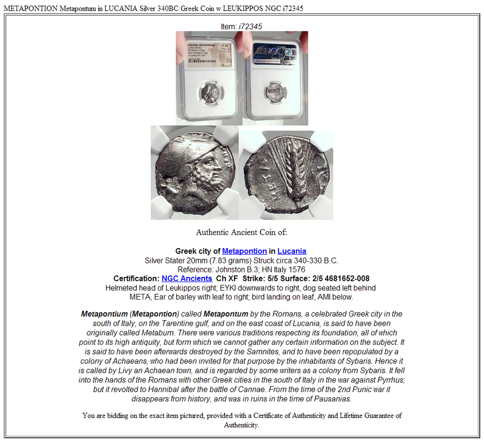 METAPONTION Metapontum in LUCANIA Silver 340BC Greek Coin w LEUKIPPOS ...
