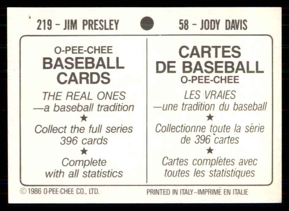 1986 O-Pee-Chee Stickers Jim Presley/Jody Davis Seattle Mariners #219 ...