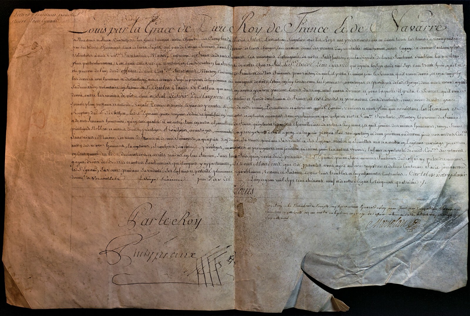 KING LOUIS XV AUTOGRAPH - LETTER OF HONOR GRANTED TO SIR ANDRE-LEON ...