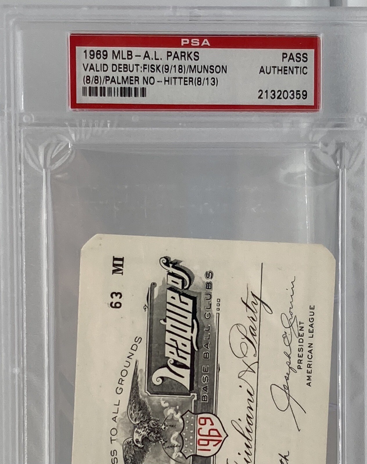 1969 PSA Pass Ticket/Debut:Pilots Munson/Fisk/Palmer No-Hit/Ted ...