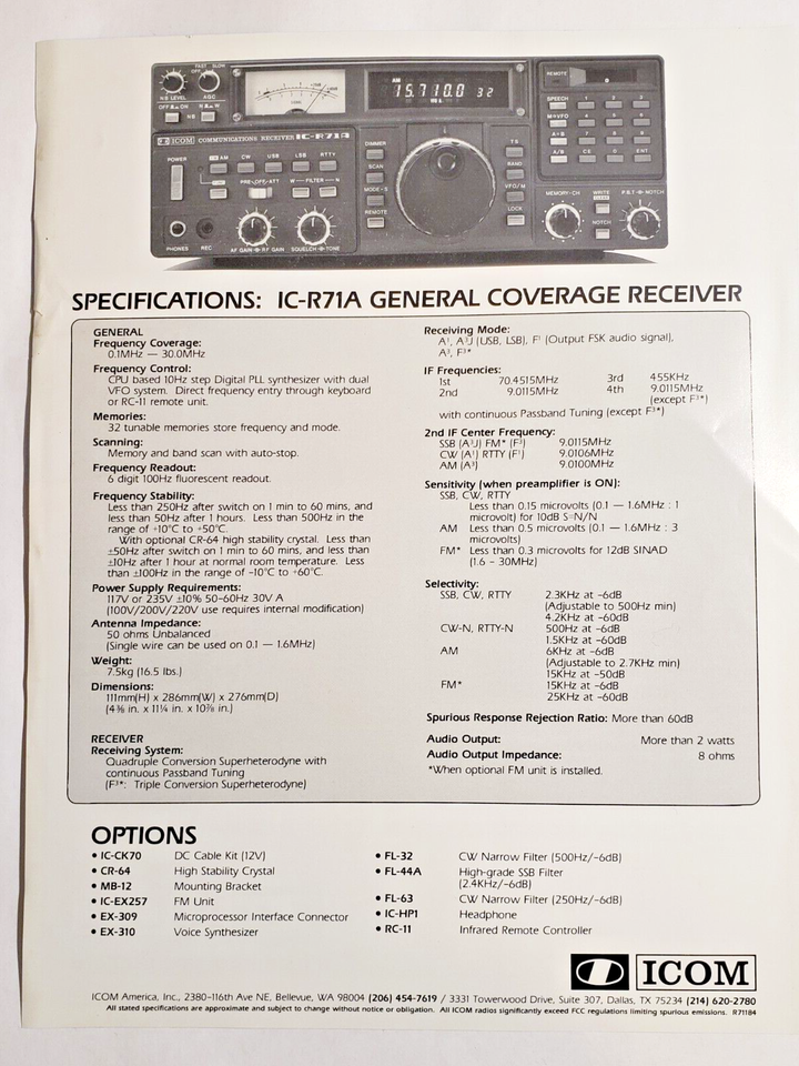 ICOM HF Receiver IC-R71A Catalog Sales Brochure | eBay
