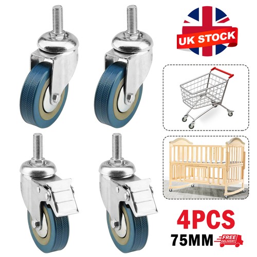 4x Heavy Duty 75mm Rubber Swivel Castor Wheels Trolley Furniture Wheel ...
