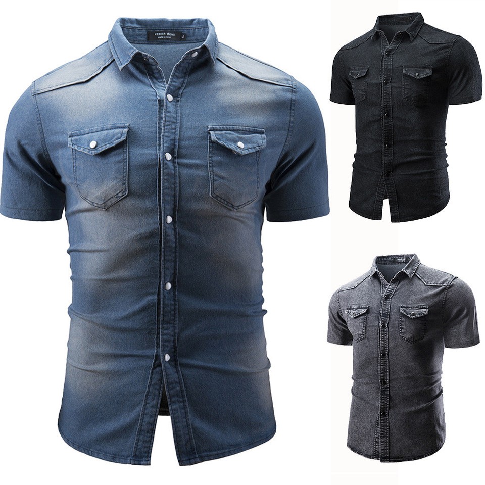 Mens Denim Shirts Short Sleeve Luxury Casual Slim Washed Cotton ...