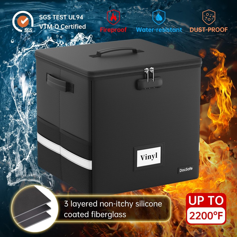 Vinyl Record Storage Box with Lock,Fireproof＆Water Resistant Record ...