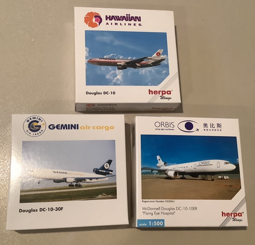 Herpa Wings 1:500 Hawaiian DC-10. Gemini Air Cargo DC-10-30F, Orbis DC ...