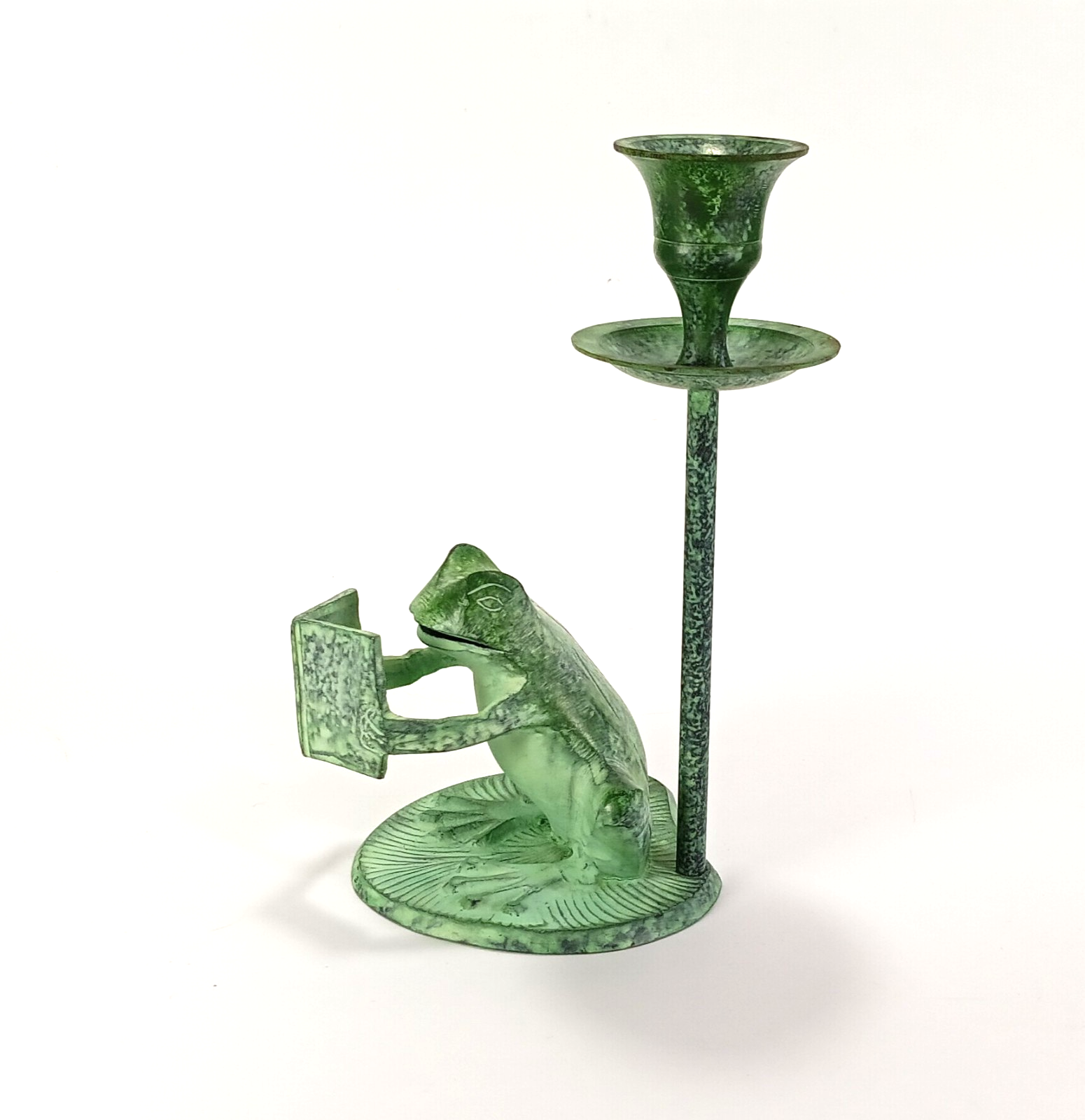 Verdigris Reading Frog Candle Stick Holder Light Green Patina on Lily ...